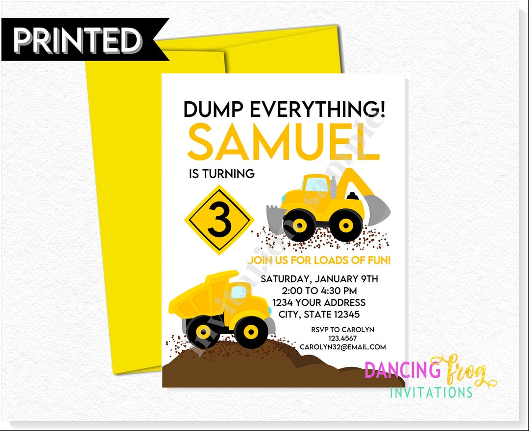 Printed 4 25x5 5 Dump Truck Birthday Invitation Construction Birthday