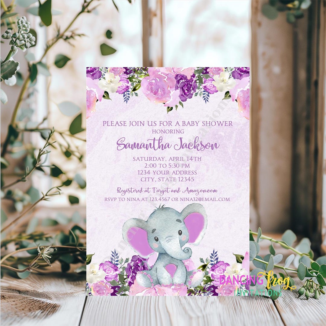 Printed, Purple Floral Elephant Baby Shower Invitations, Purple ...