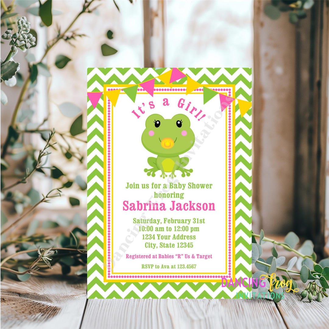 Printed 5X7, Frog Baby Shower Invitation, Printed Frog Baby Shower ...