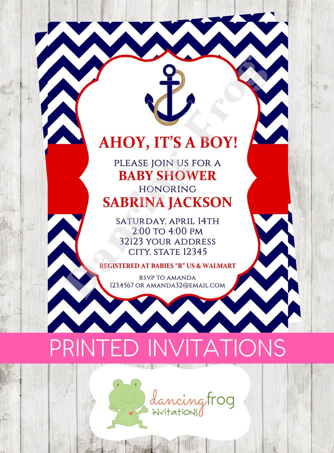 Custom Printed 4.25x5.5 Chevron Nautical Anchor Baby Shower Invitations ...