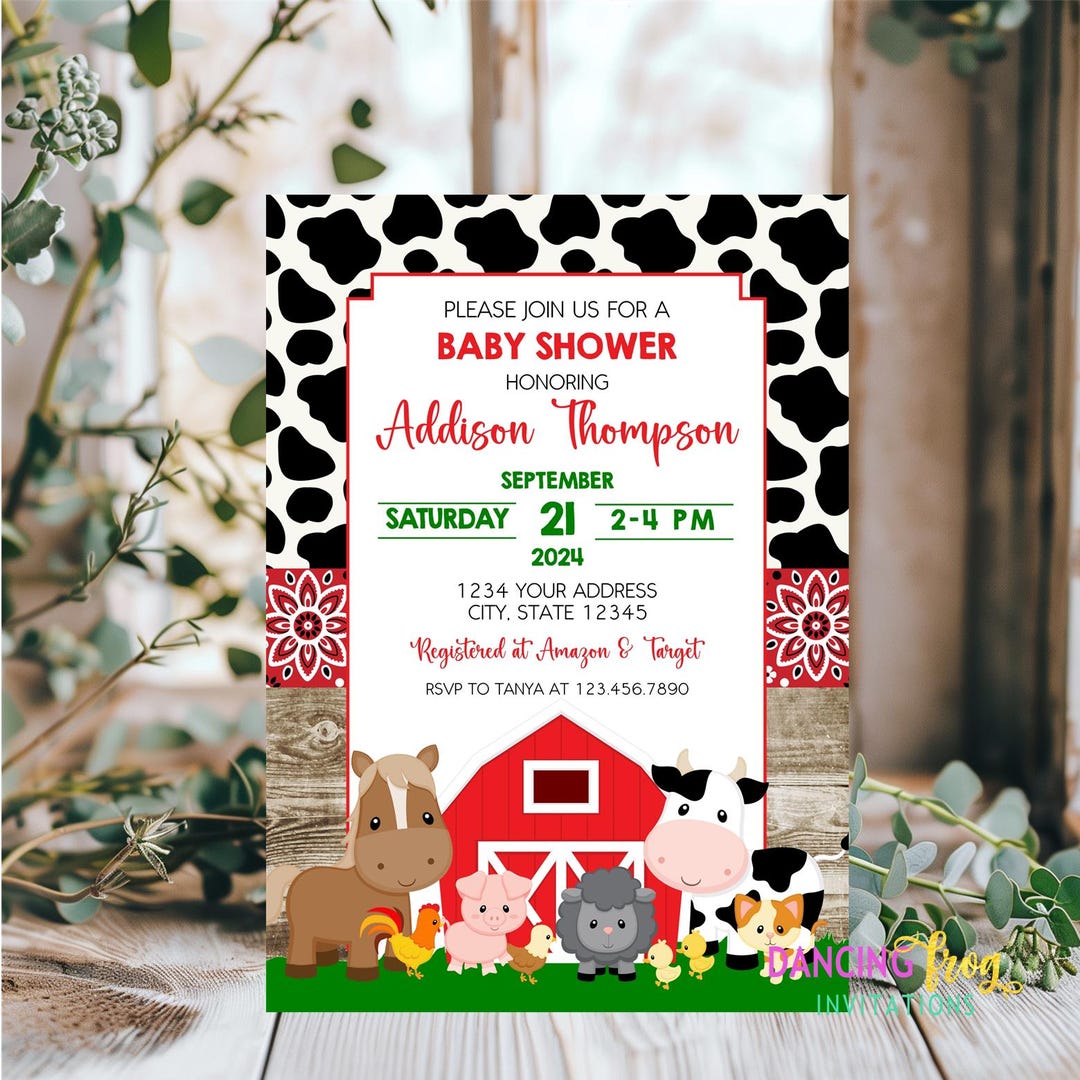 Printed 5x7" Farm Animals Baby Shower Invitation, Barn Baby Shower ...