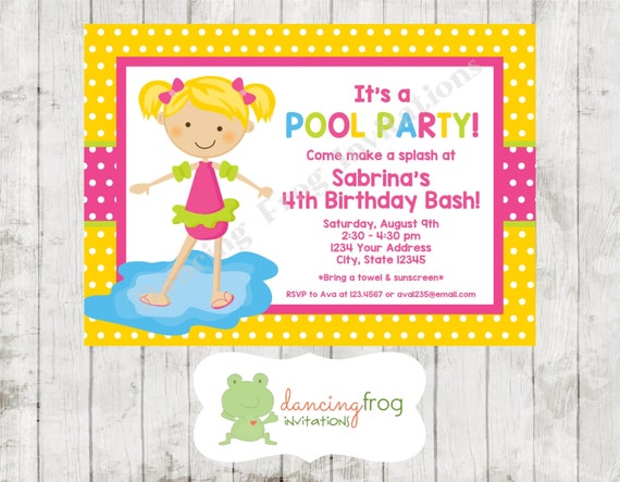 Custom Printed Blonde Girl Swimming Pool Birthday Party Invitations Etsy Canada