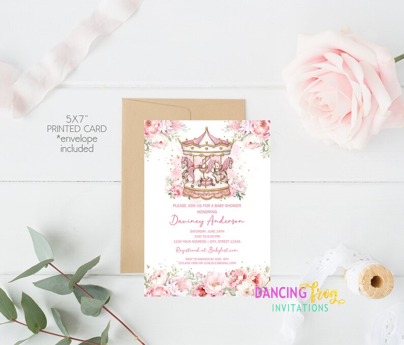 Carousel Baby Shower Invitation, Pink Floral Carousel Baby Shower ...