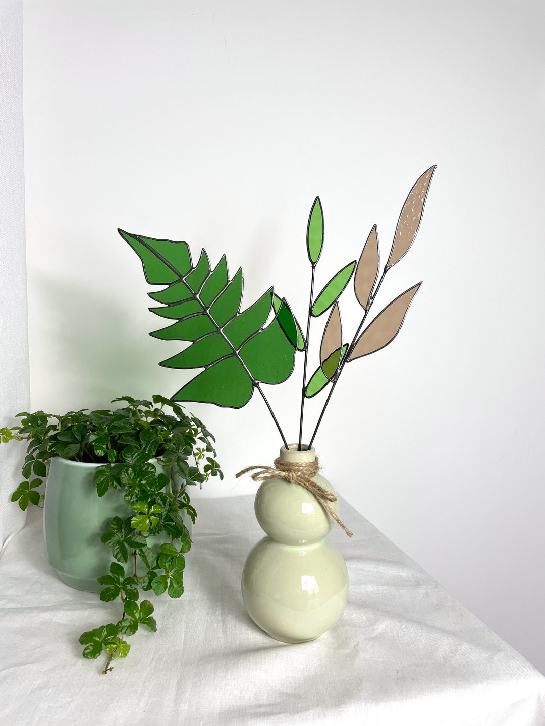 BOUQUET of 3 Stems-shield Fern and Twigs With Leaves,stained Glass ...