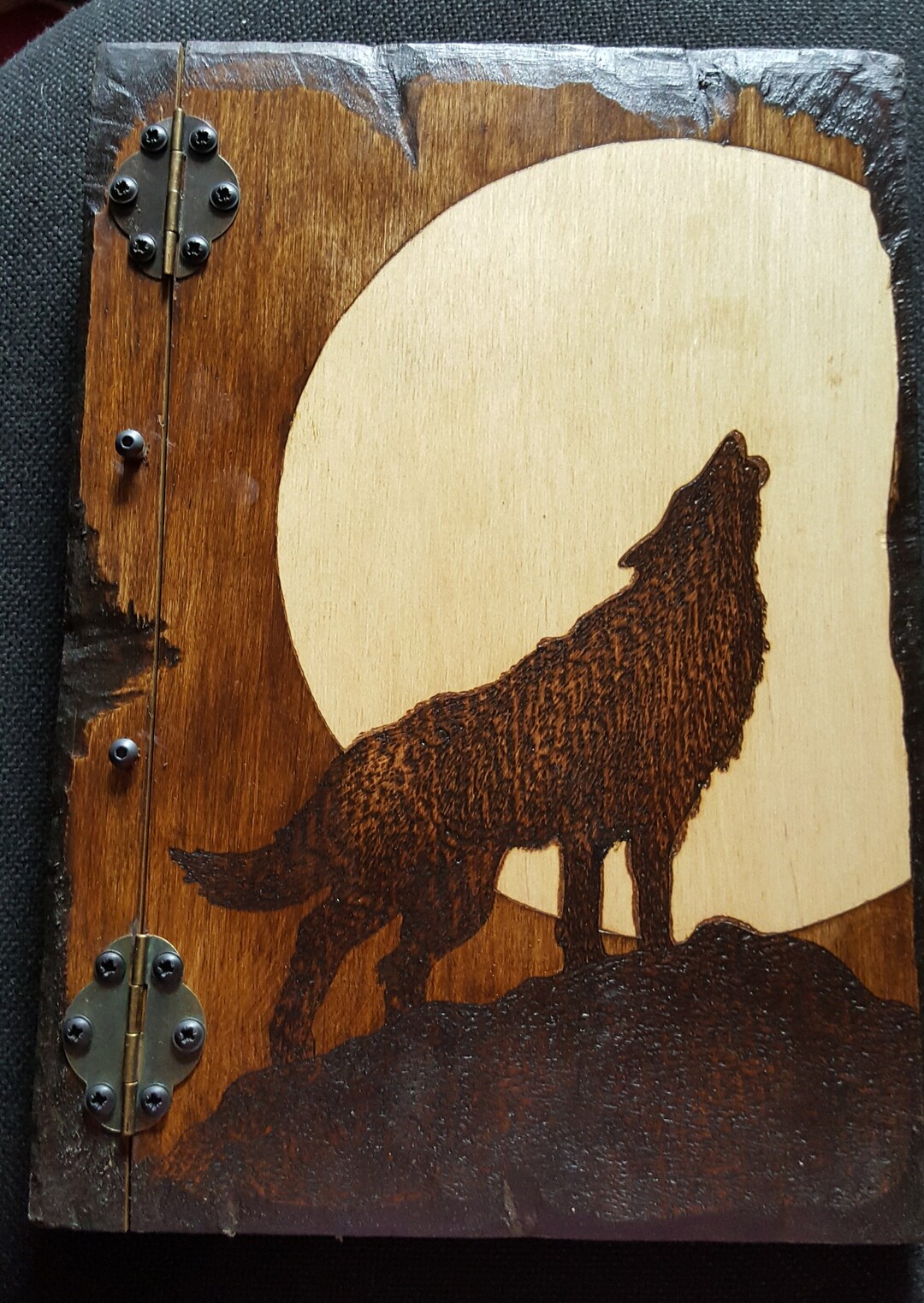 Book of Shadows With Howling Wolf and Moon Design, Wooden Handmade ...