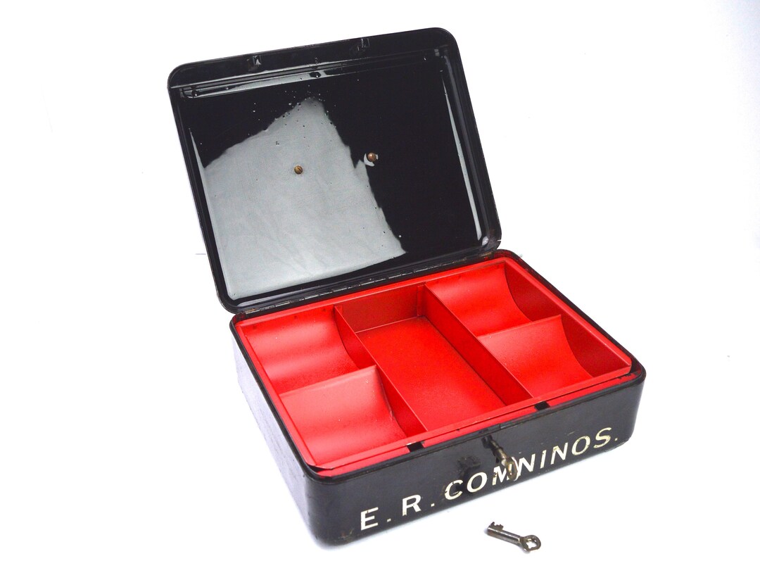 Vintage Cash Tin With KEY E R Comninos Large Cash Tin Black Metal Tin ...