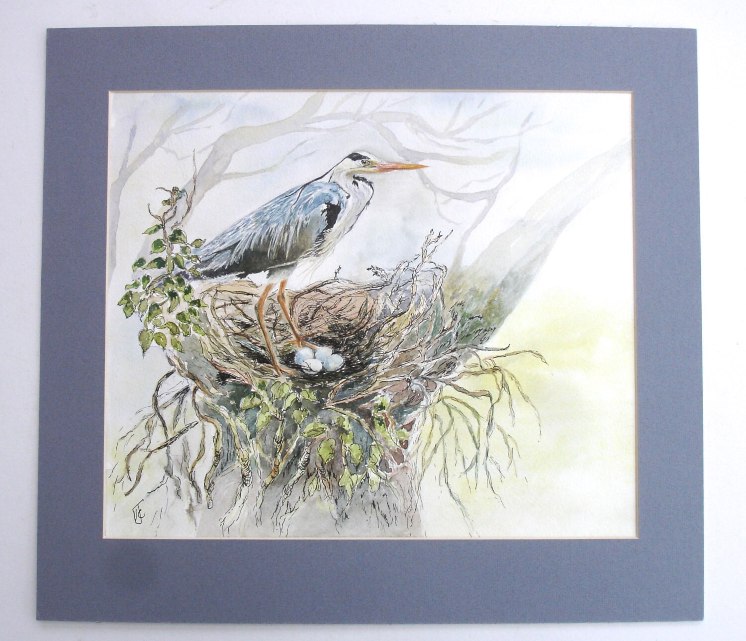 Grey Heron Line and Wash Monogrammed VCJ 1980s Vintage Art - Etsy