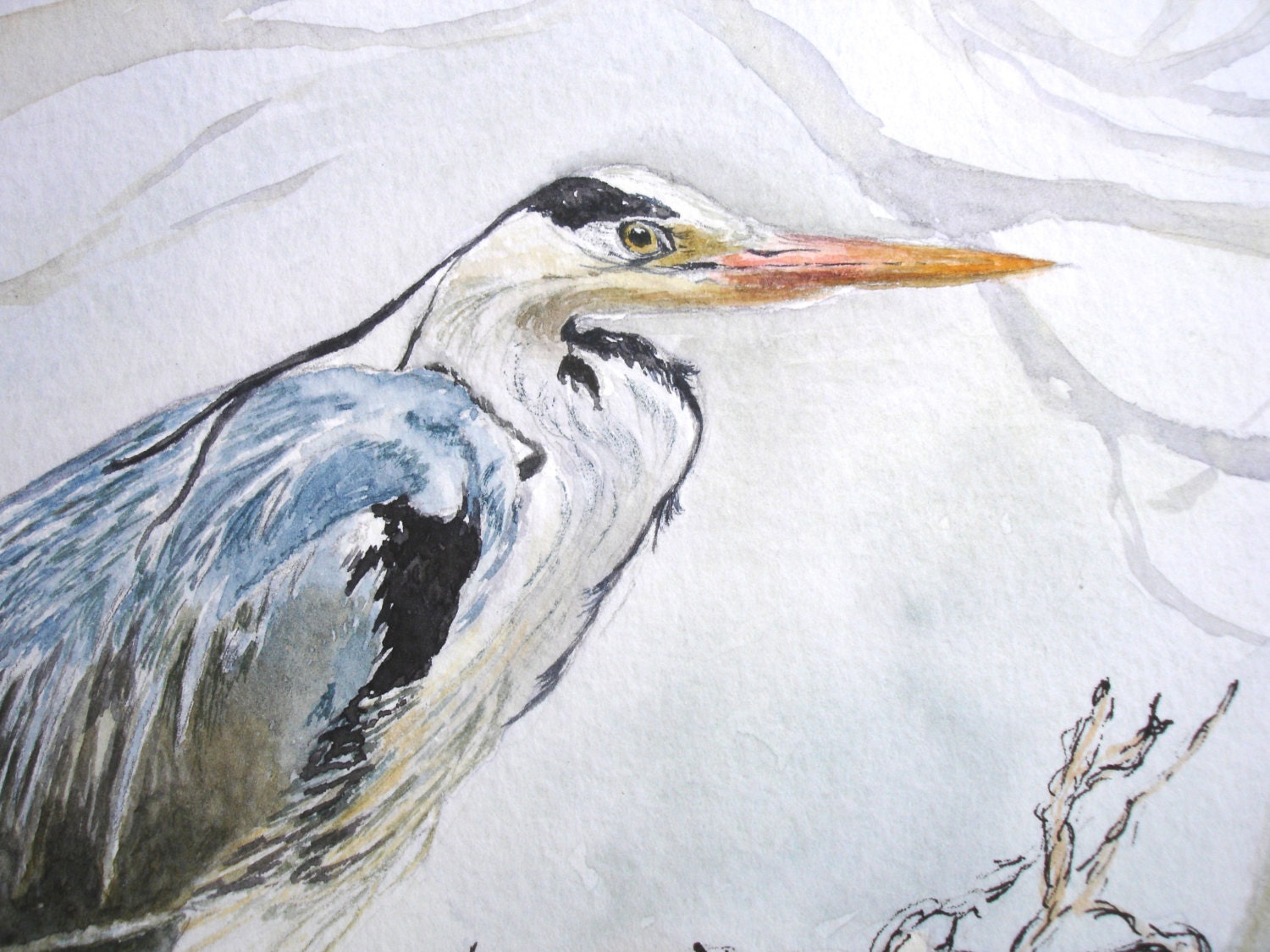 Grey Heron Line and Wash Monogrammed VCJ 1980s Vintage Art - Etsy