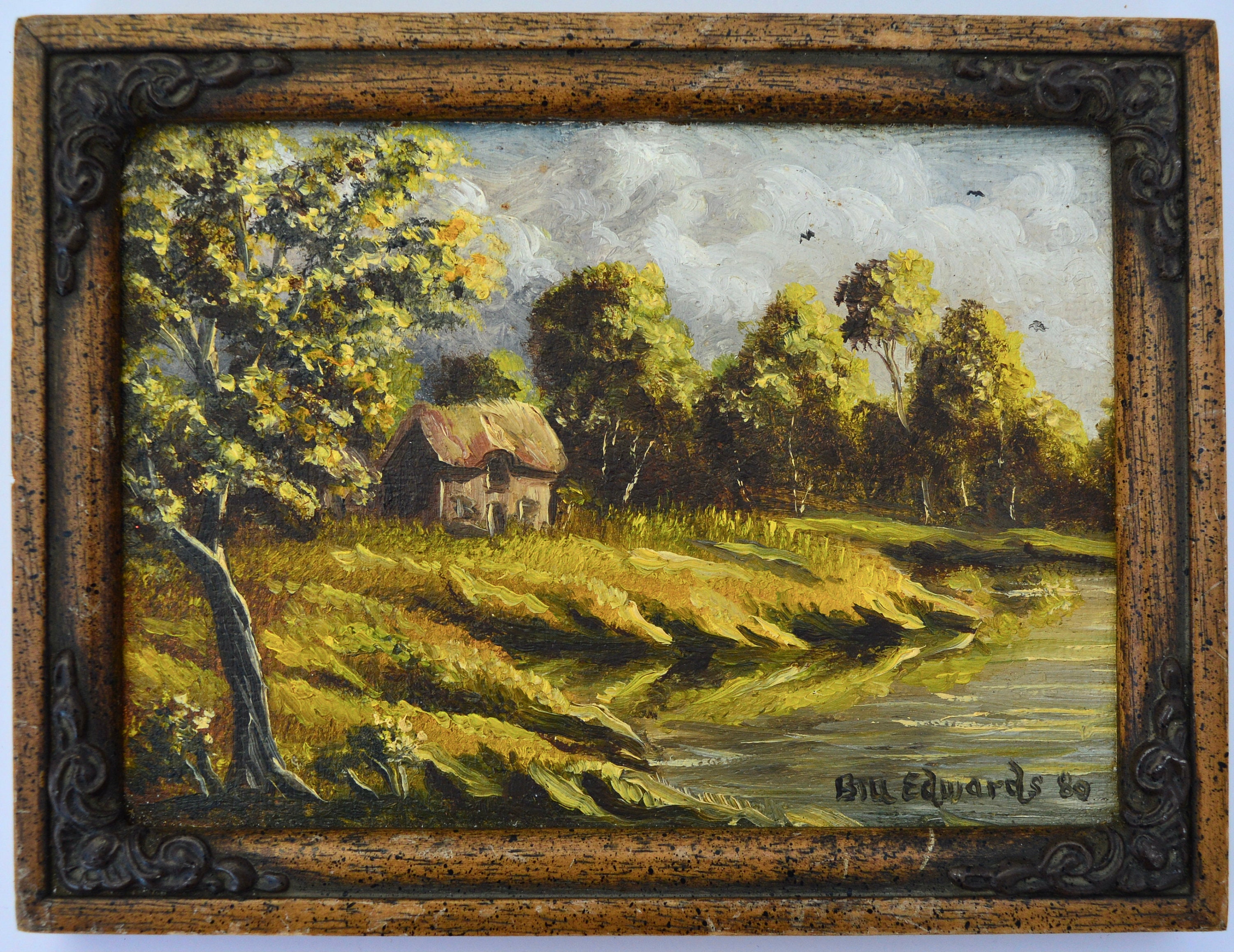 Vintage Oil Painting Bill Edwards Cottage by the Lake Woodland ...