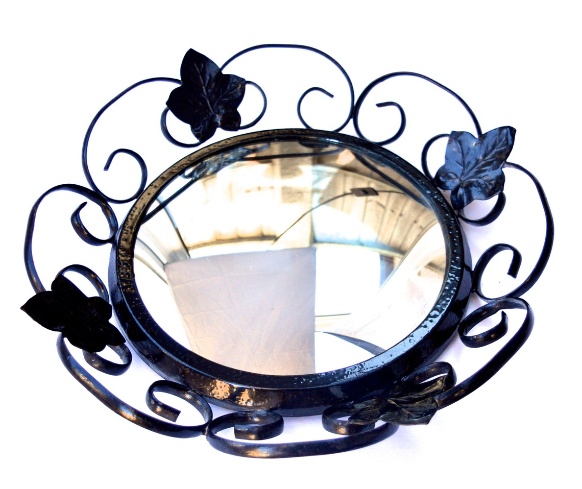 1970s Black Wire Frame Convex Mirror Vine Leaf Pattern Hanging | Etsy
