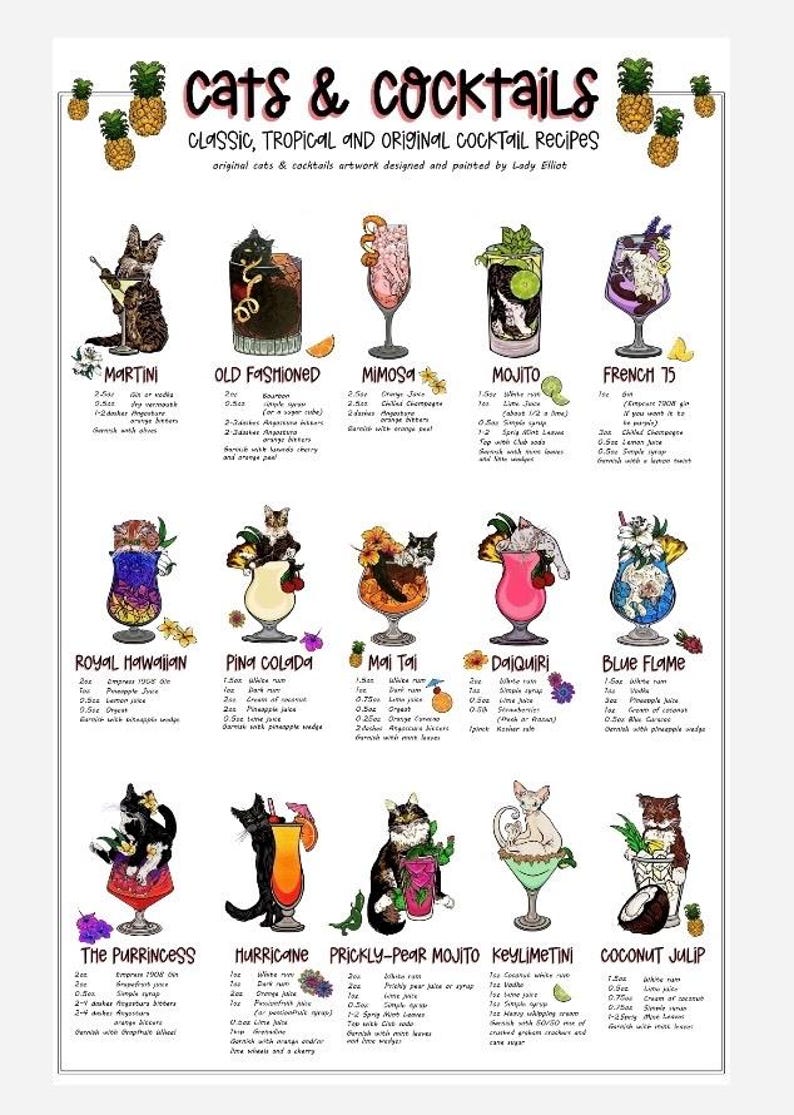 Cats & Cocktails - Classic Cocktail Recipe Poster Featuring Cats! - Etsy