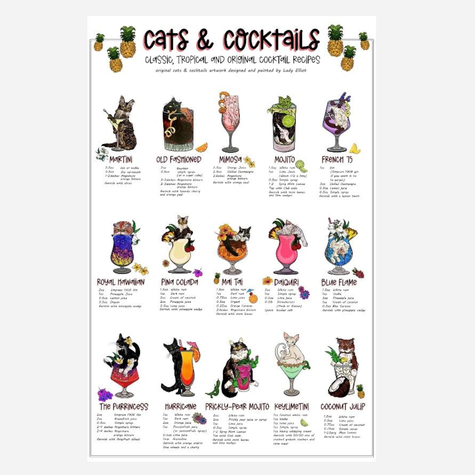 Cats & Cocktails - Classic Cocktail Recipe Poster Featuring Cats! - Etsy