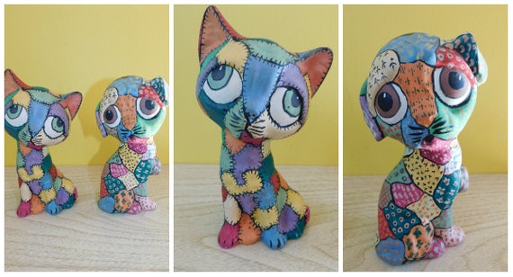 Vintage Patchwork Puppy Kitty Figurine Pair Ceramic Patchwork | Etsy