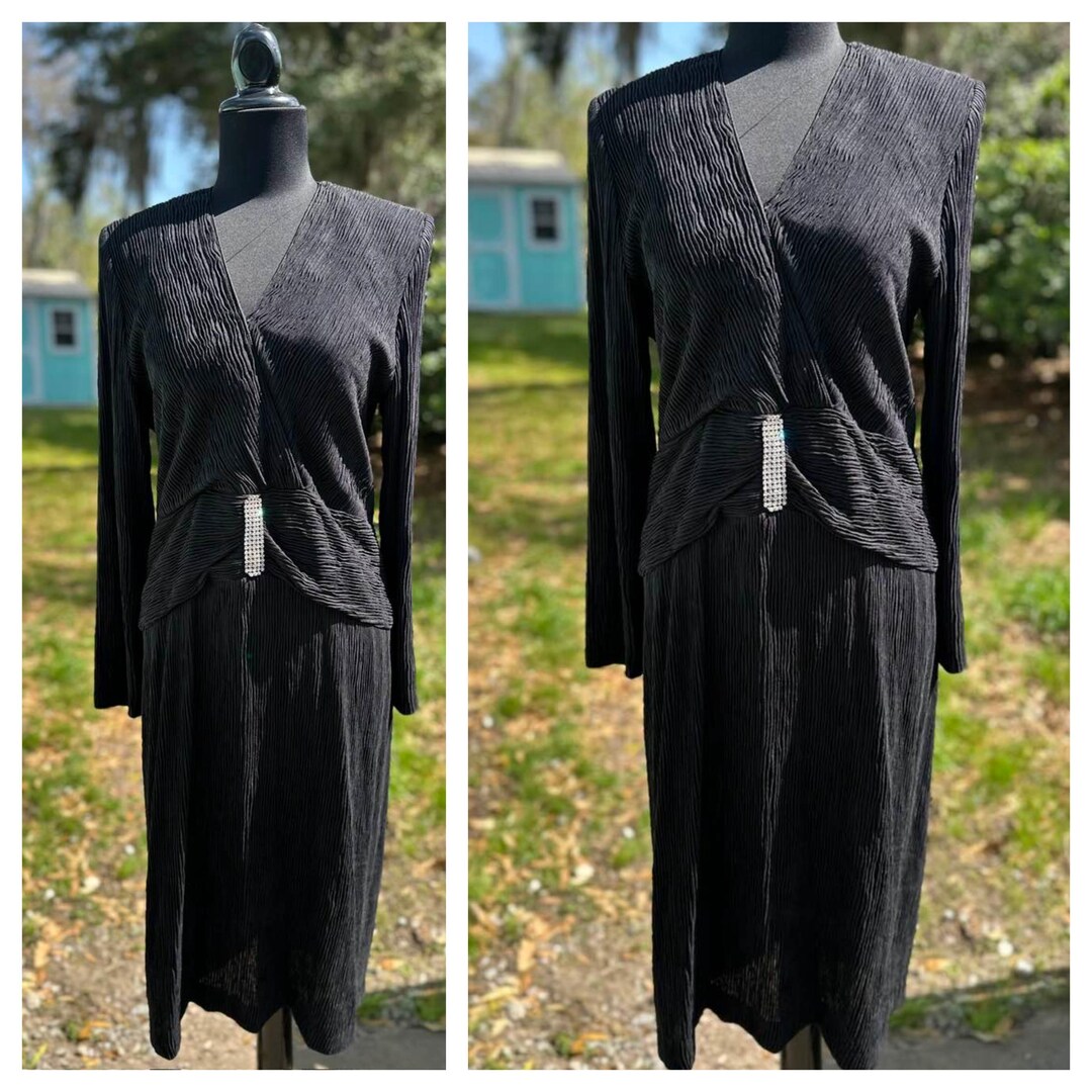 Vintage Hal Ferman Black Pleated Cocktail Dress With Rhinestone Clasp ...