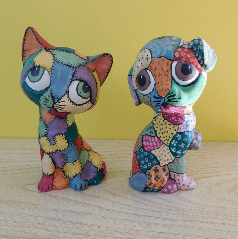 Vintage Patchwork Puppy Kitty Figurine Pair Ceramic Patchwork - Etsy