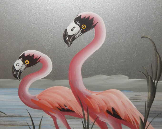 Art Deco Pink Flamingo M. Devoe Painting Mid Century Tropical Large Art ...