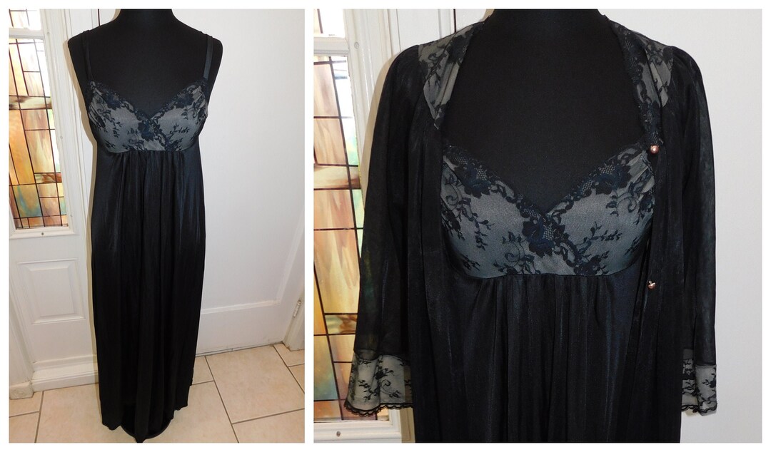 Vintage Shadowline Black Pinup Peignoir Set Black Nightgown and Robe Vintage Peignoir Boudoir ...