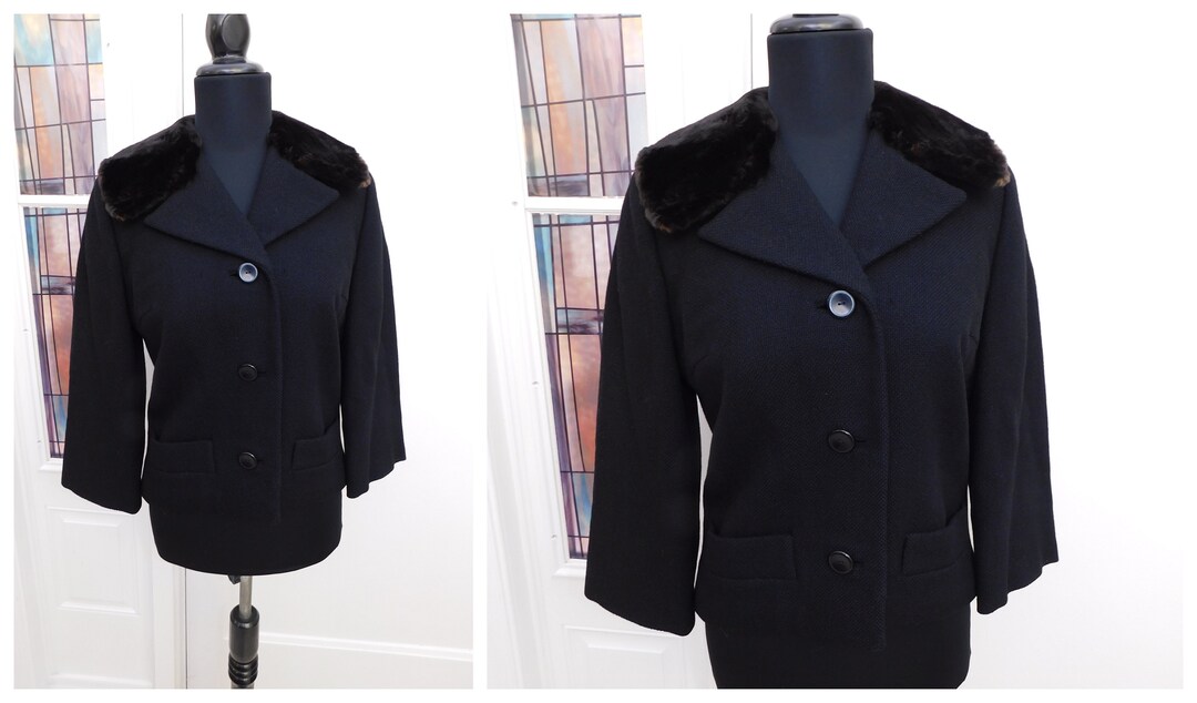 Vintage 1950s lana negra recortada chaqueta casta de castor de piel ...