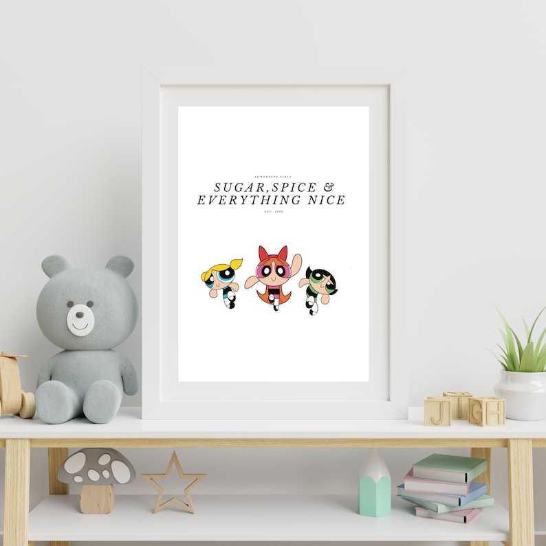 Powerpuff Girls Minimalist Digital Art Print for Nursery, Sugar Spice ...