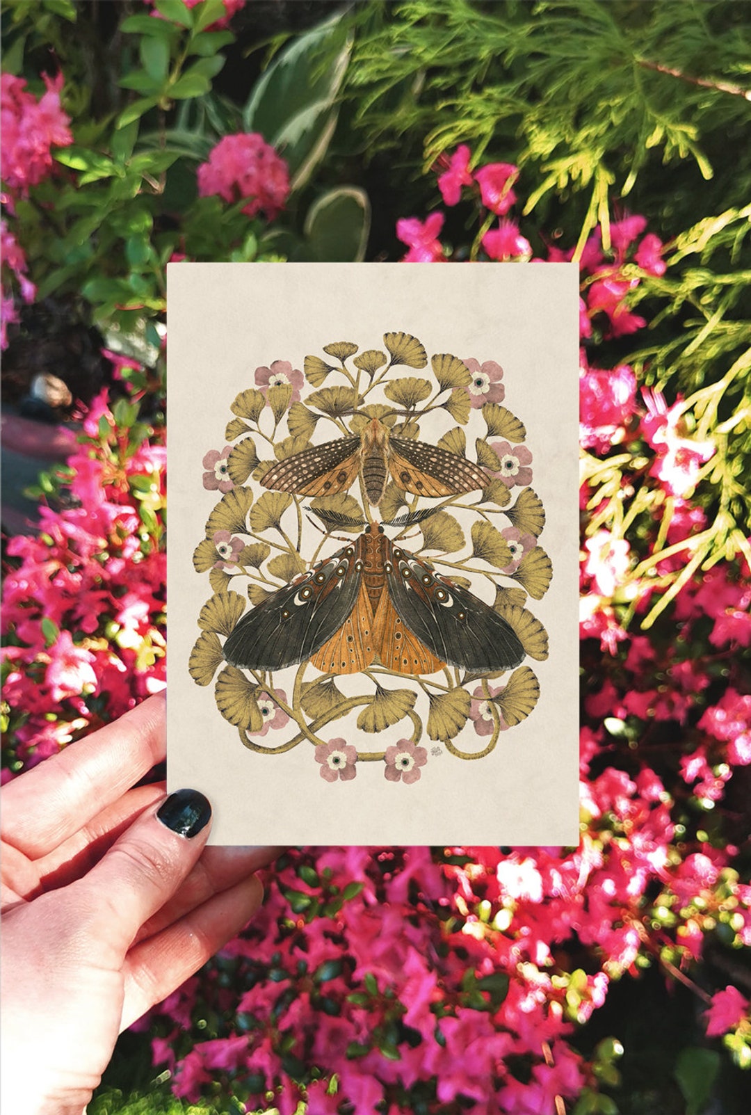 Moths & Maidenhair Fern Art Card, Handmade Card, Botanical Greeting ...