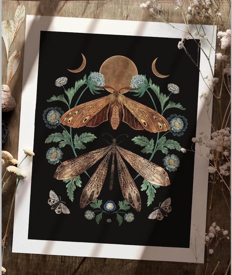 Moths and Moon Art Print, Witchy Home Decor, Magic Art, Illustration ...