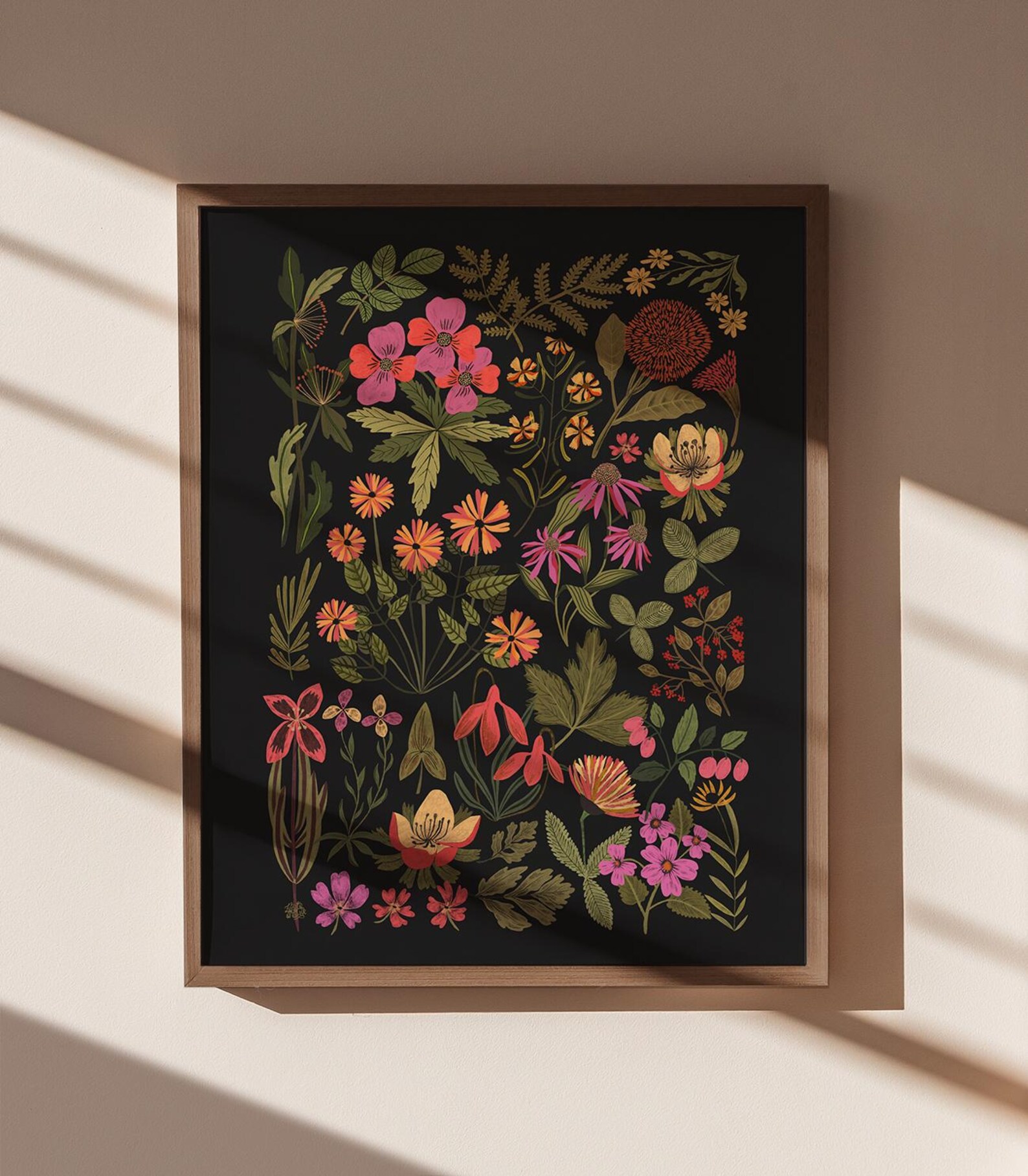 Wildflowers Botanical Art Print: Vintage Floral Illustration, Dark ...