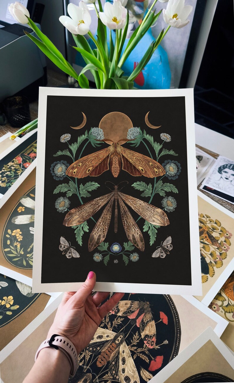 Moths and Moon Art Print, Witchy Home Decor, Magic Art, Illustration ...