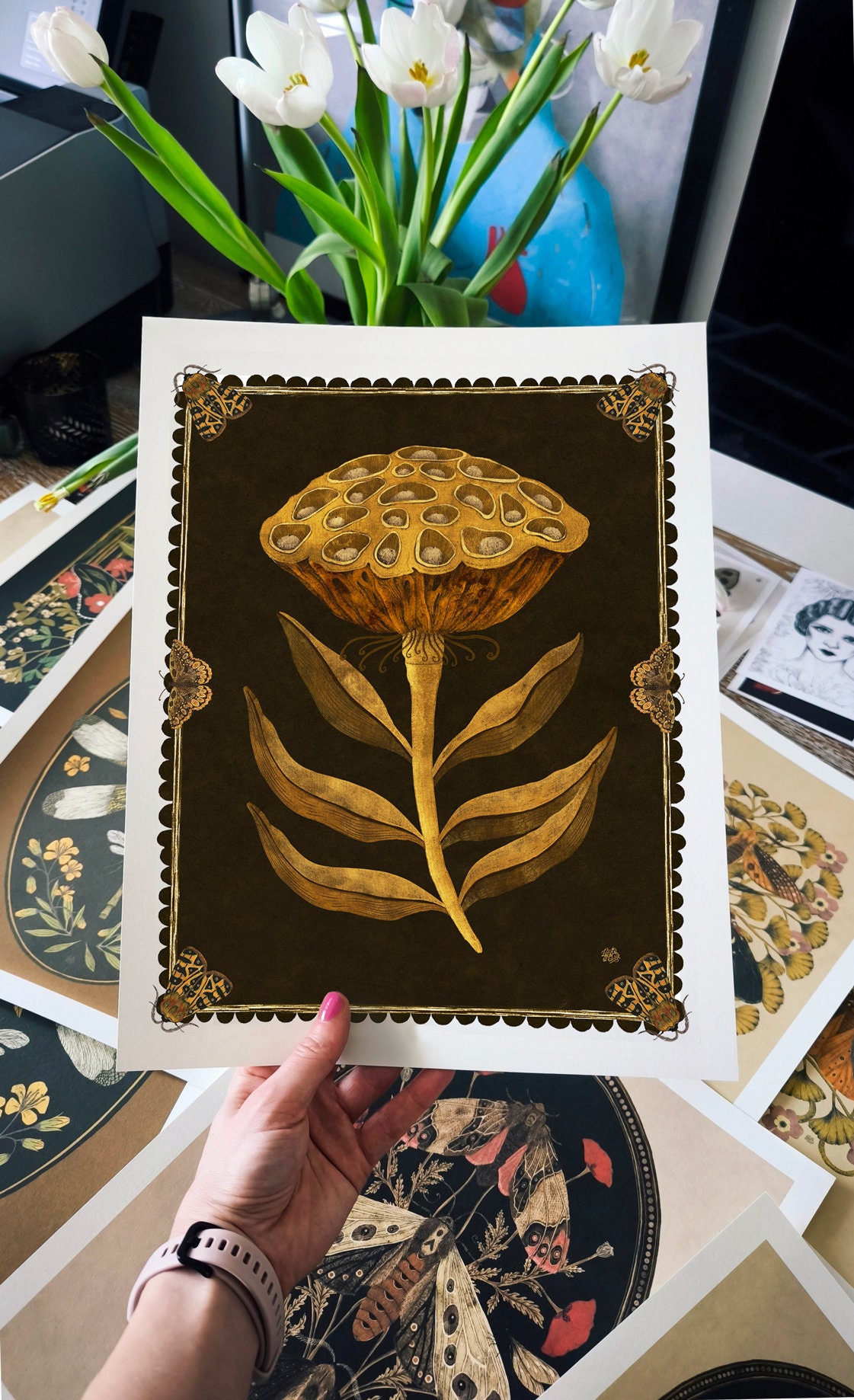 Lotus & Moths Art Print: Vintage Nature Illustration, Botanical Wall ...