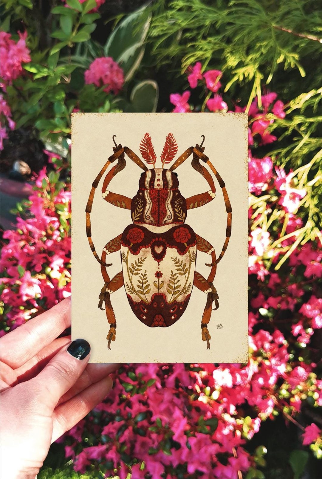 Floral Beetle Art Card: Botanical Illustration Greeting Card With ...