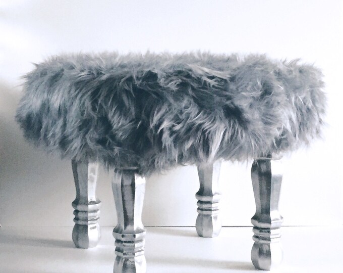 Grey Faux Fur Stool, Fur Covered Stool, Accent Piece, Regency Modern ...