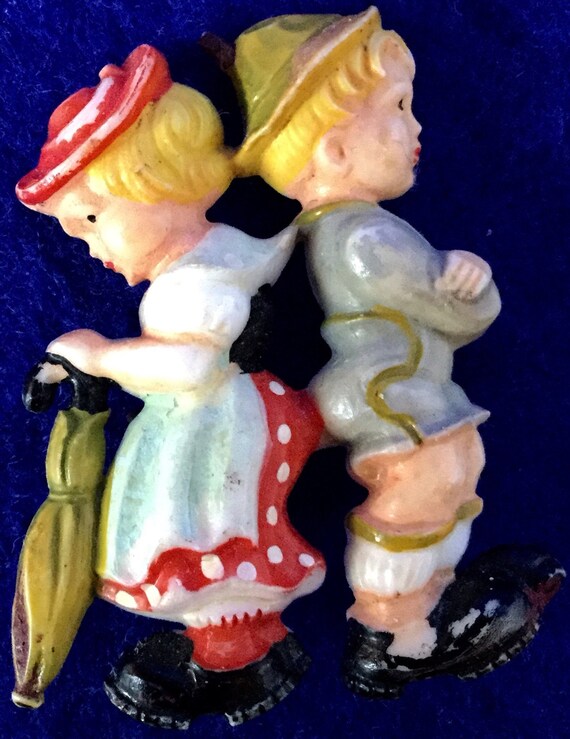 1930s Celluloid Art Deco Boy and Girl Back to Back wi… - Gem