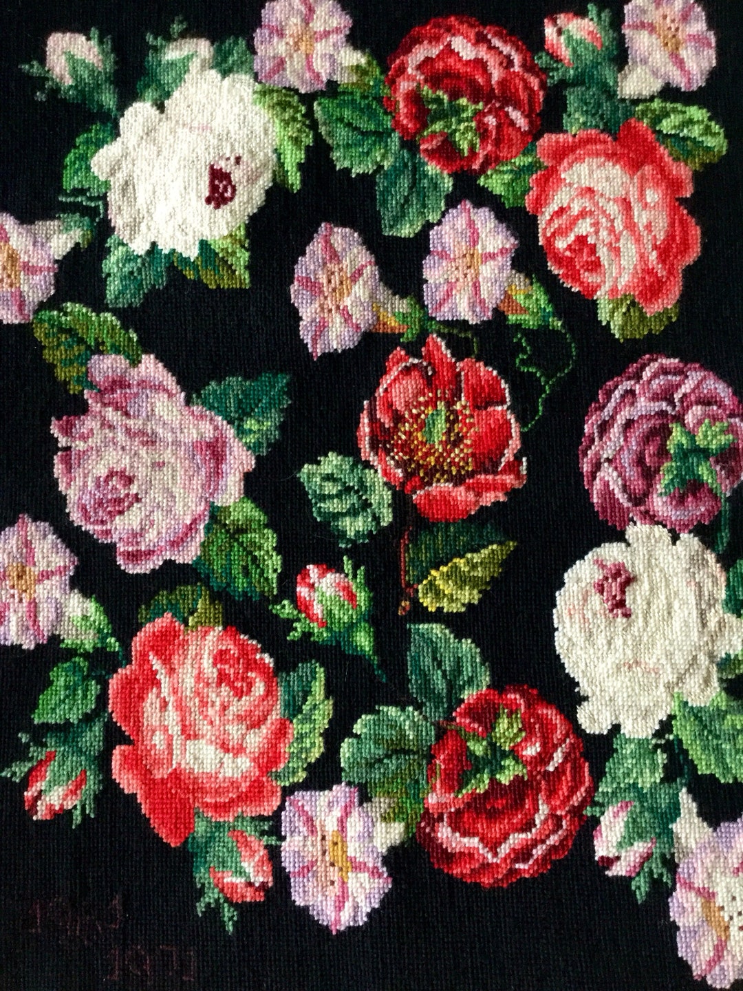 Unique Hand Made Needlepoint Panel - Vintage 1970s Ring of Roses Wool ...