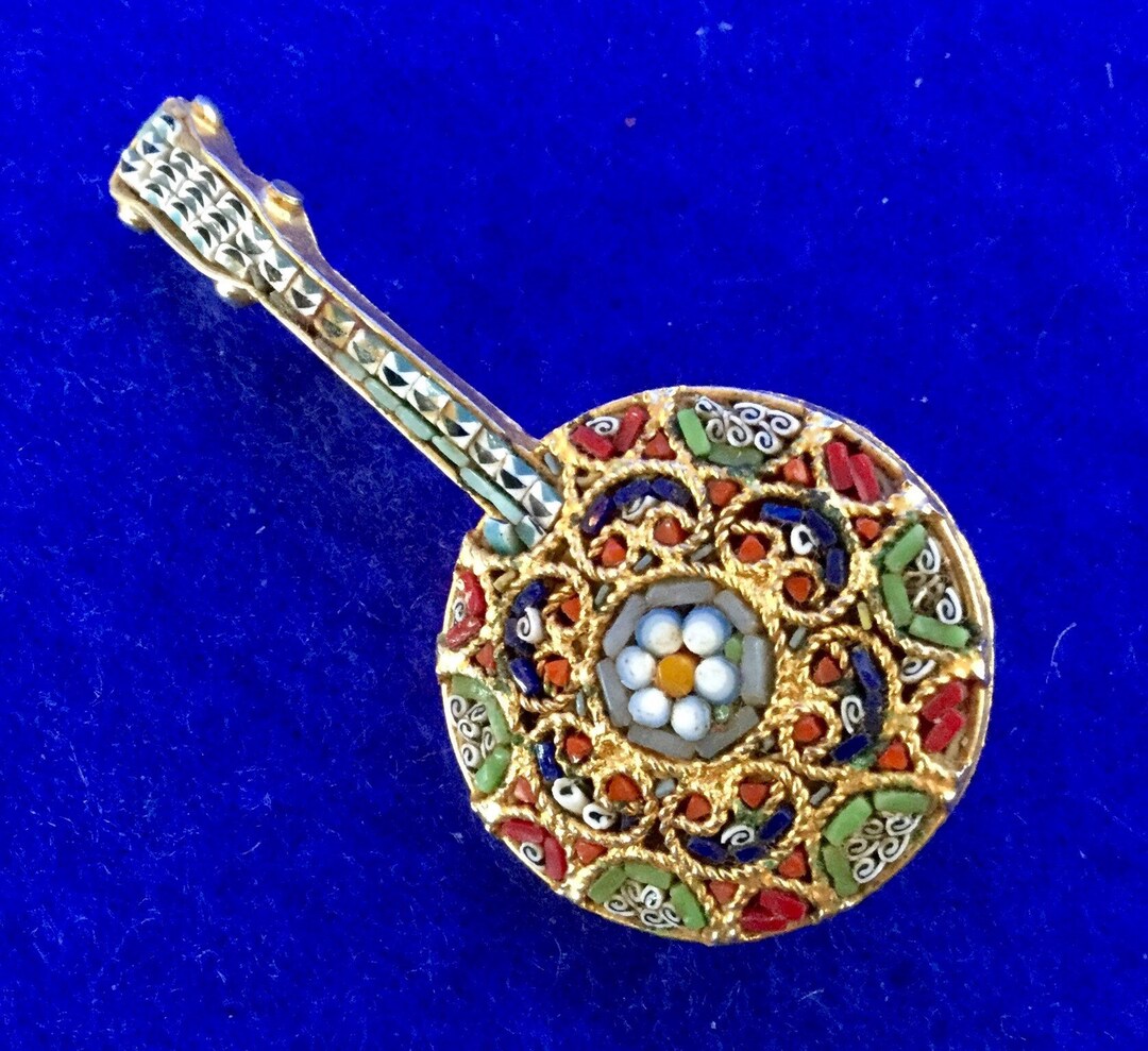 Unusual 1950s Vintage Venetian Micro Mosaic Banjo Brooch on Brass - Etsy