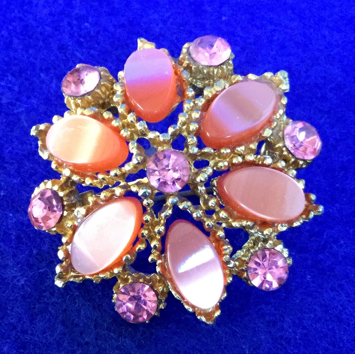 1950s Pink Flower Brooch Goldtone Set With Seven Pink Etsy