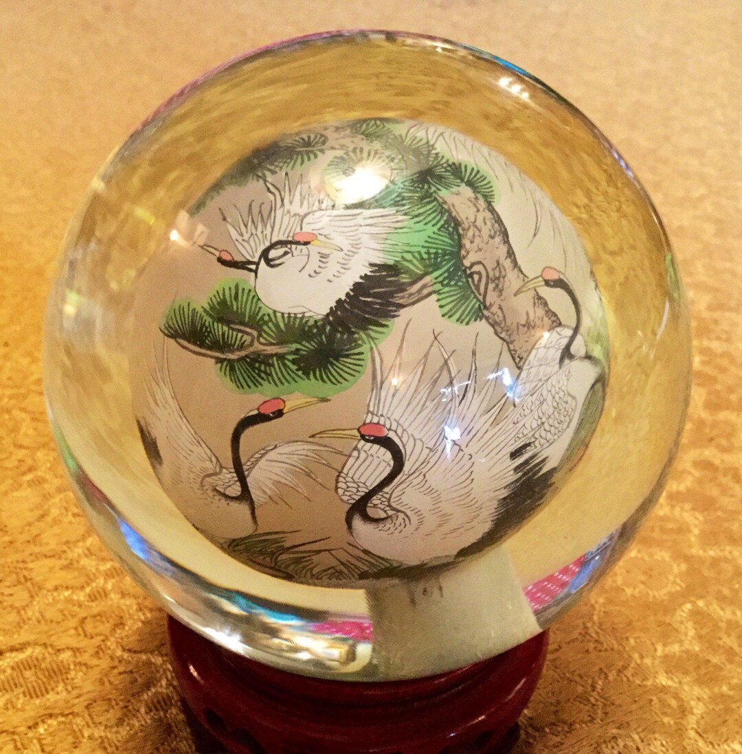 Vintage Interior Painted Glass Sphere Depicting Pine Crane Birds With ...