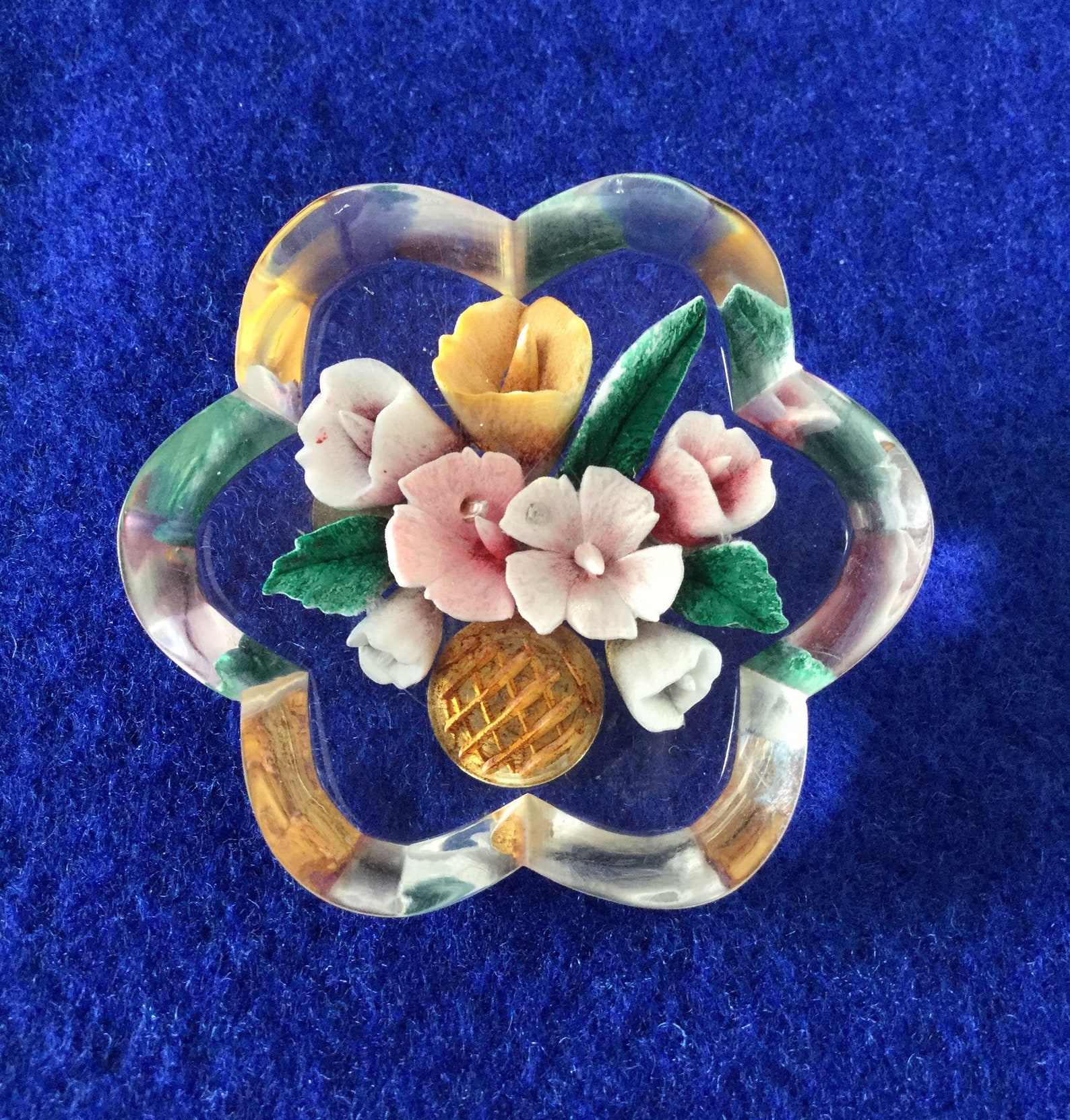 1950s Lucite Reverse Carved Faceted Flower Brooch Depicting a Bouquet ...