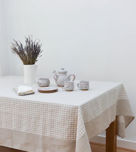 Natural Linen Wide Border Check Tablecloth. Rectangular | Etsy