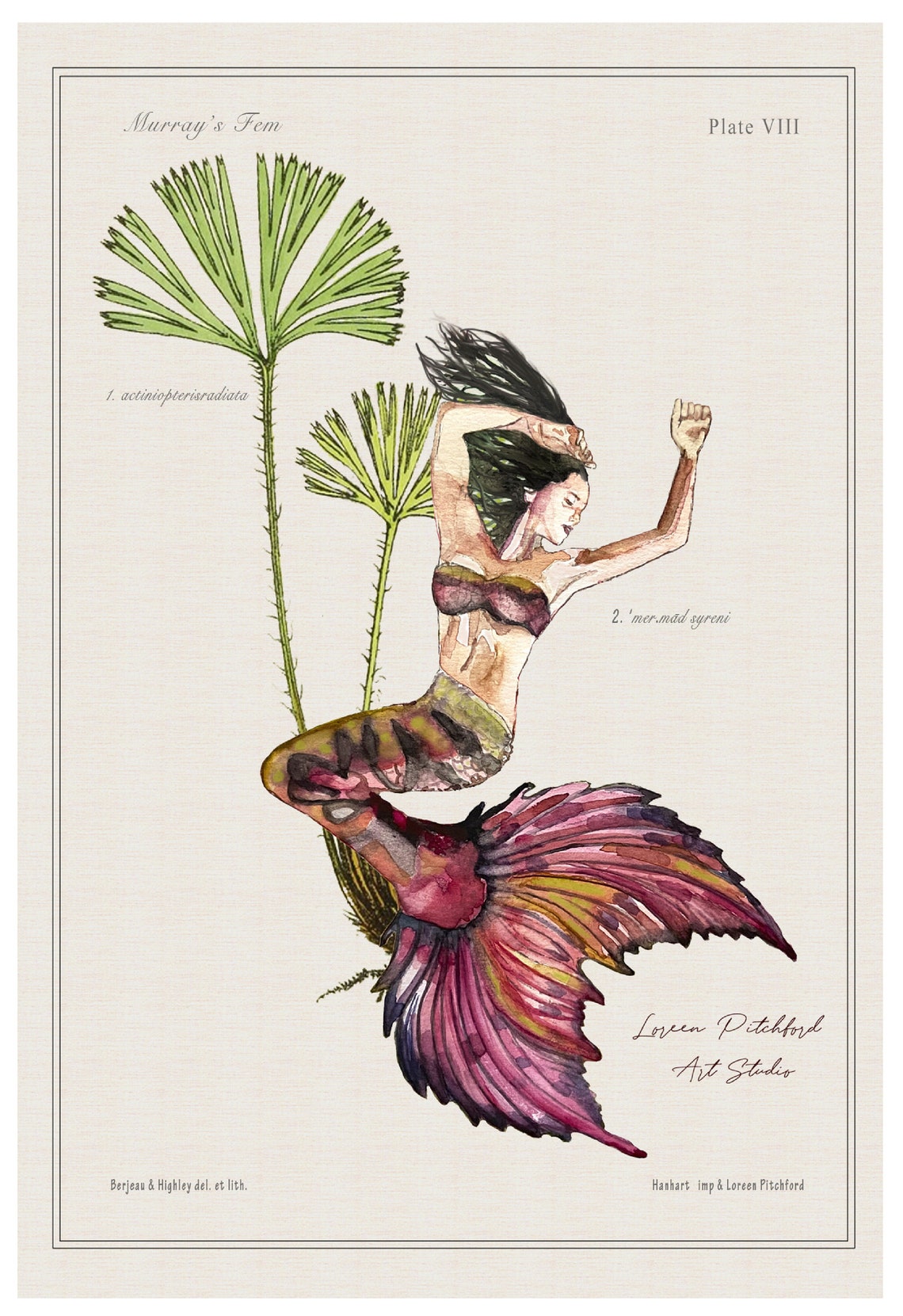 Vintage lithograph Palm Leaf and Watercolor Mermaid Wall Art | Etsy