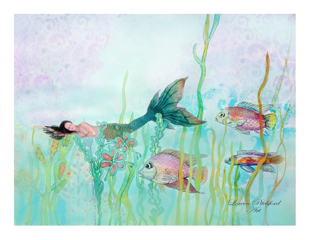 Green Mermaid With Fish Fine Art Print - Etsy