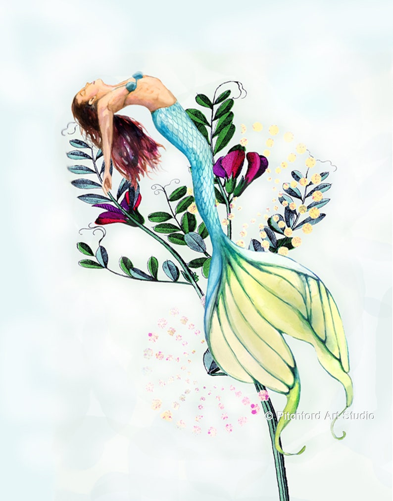 Mermaid and Botanical Floral Fine Art Print - Etsy