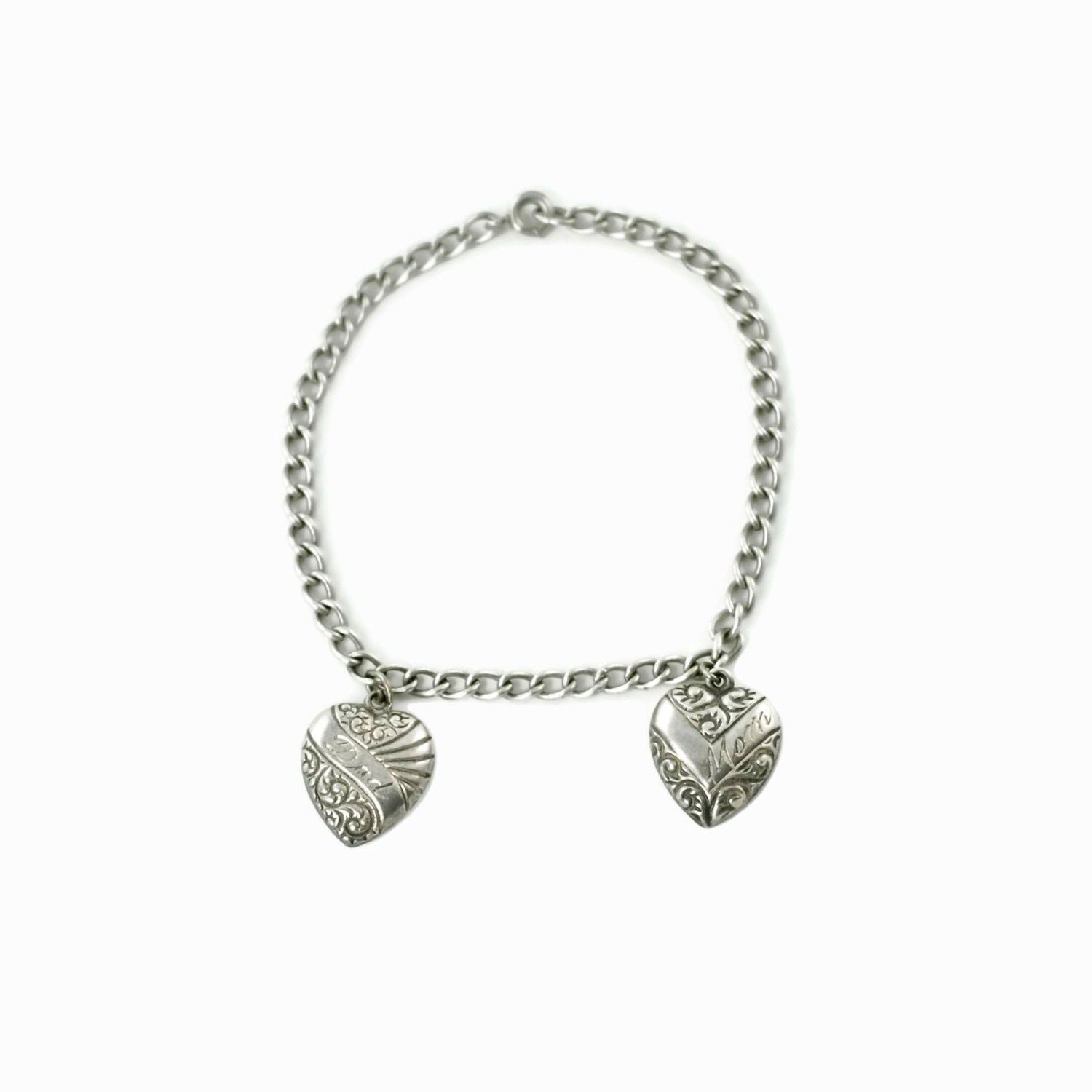 Vintage Sterling Silver Link Charm Bracelet with Two Puffy | Etsy