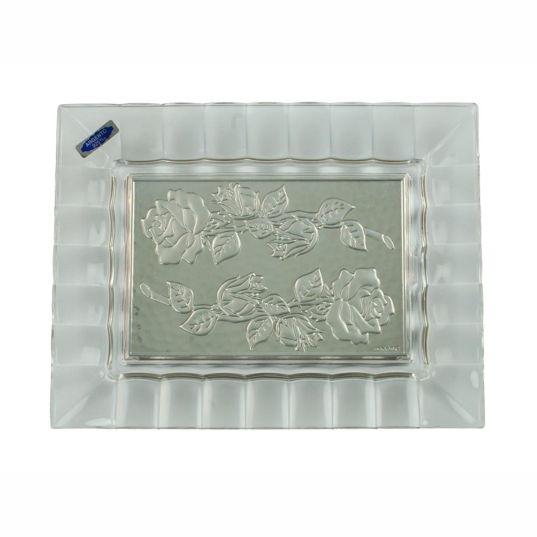 Vintage Fluted Crystal Rectangular Tray, Embossed Inset Sterling Silver ...