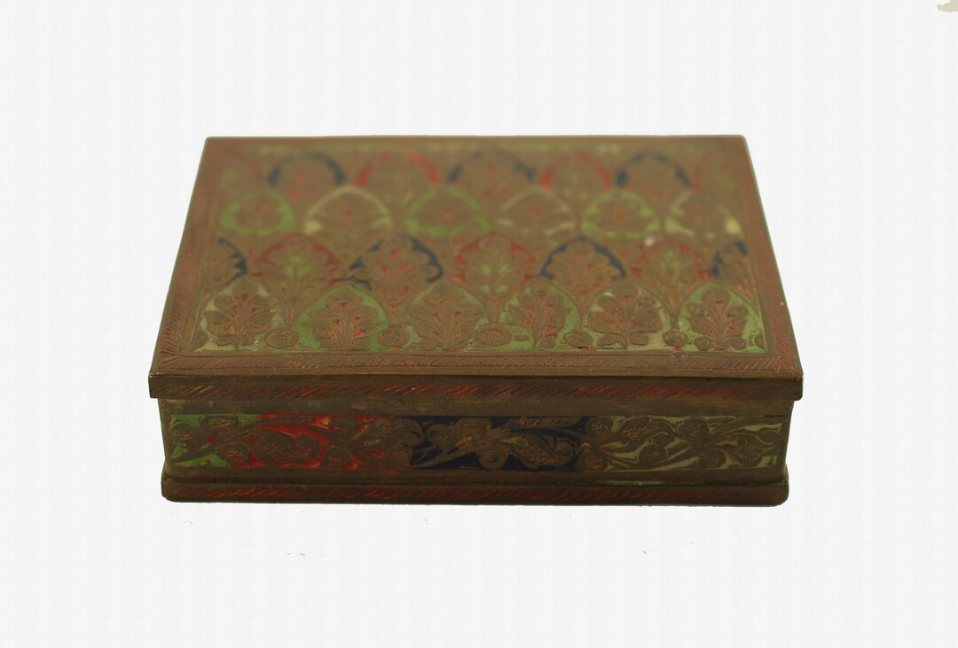 Antique Indian Brass Benares Ware Red, Green, Yellow and Blue Inlaid ...