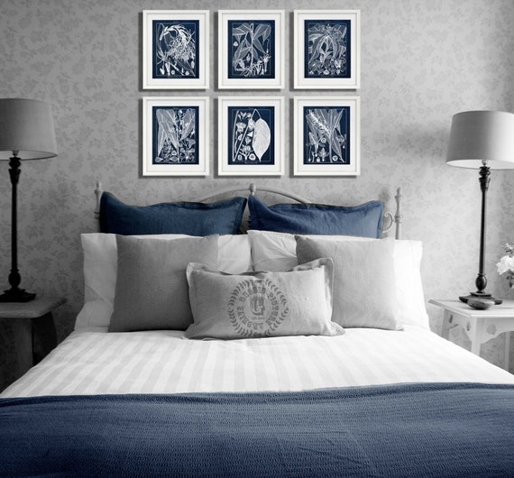 Botany Line Drawing Navy Blue Wall Decor Set of 6 Unframed Art - Etsy