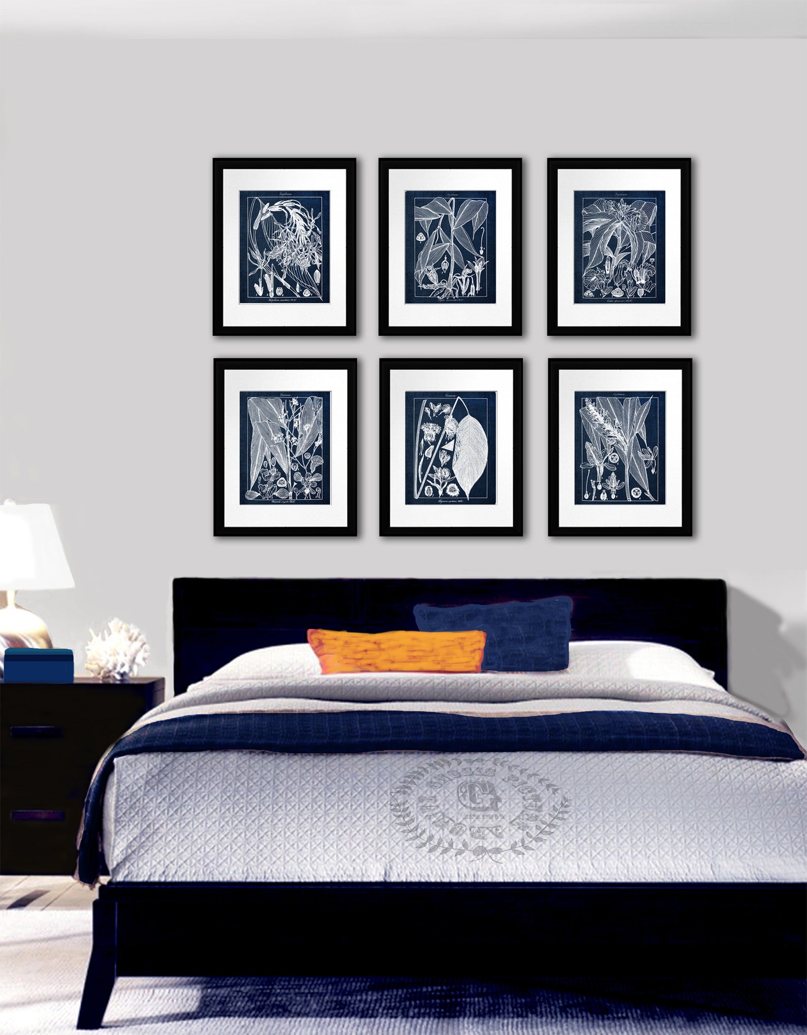 Botany Line Drawing Navy Blue Wall Decor Set of 6 Unframed Art Prints ...