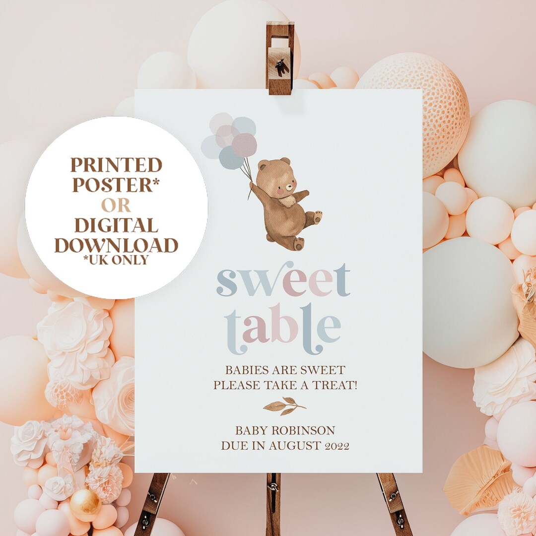 Personalised Sweet Table Sign Custom Bear Baby Shower Poster PRINTED or ...