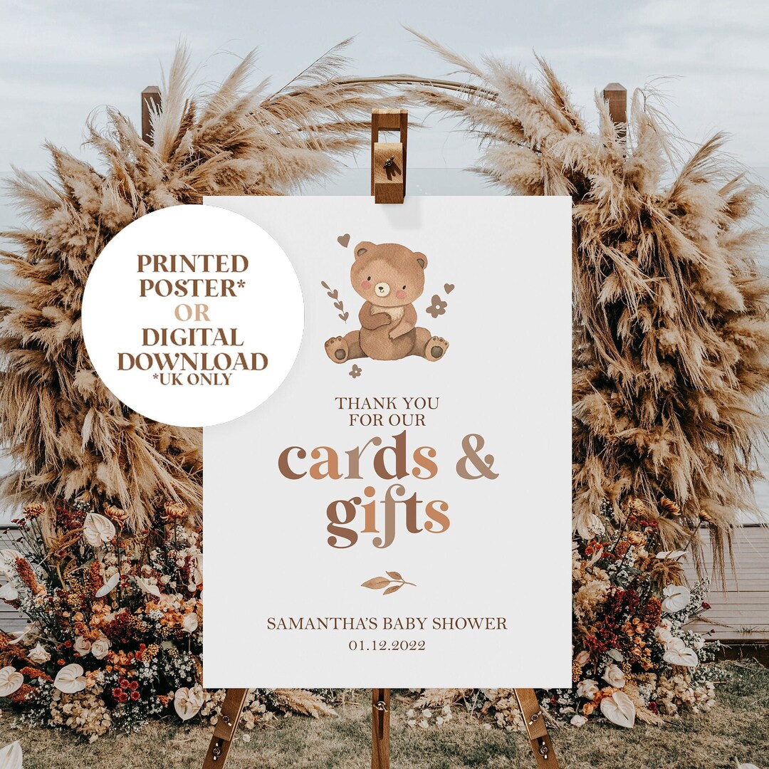 Personalised Brown Bear Card & Gift Table Sign Baby Shower Sign Custom ...