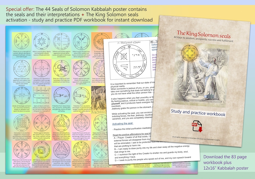 The 44 Seals of Solomon Interpretations Kabbalah Poster + the King Solomon Seals Activation ...