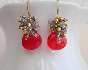 Merlot gemstone chandelier earrings gray white deep red dangle | Etsy