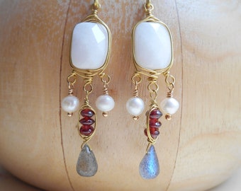 Merlot gemstone chandelier earrings gray white deep red dangle | Etsy